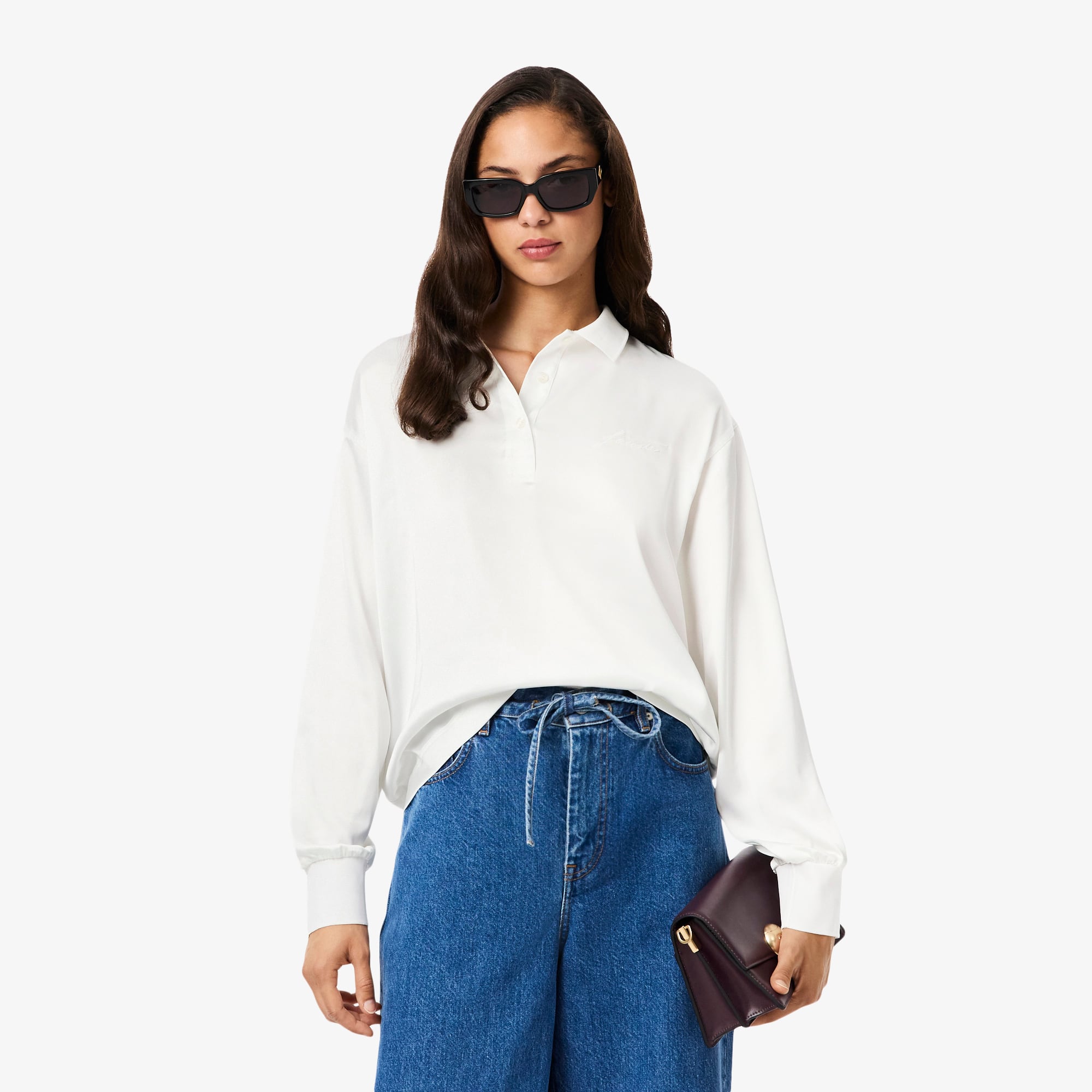 Long Sleeved Oversized Satin Polo Shirt - Women's Shirts & Tops - New ...